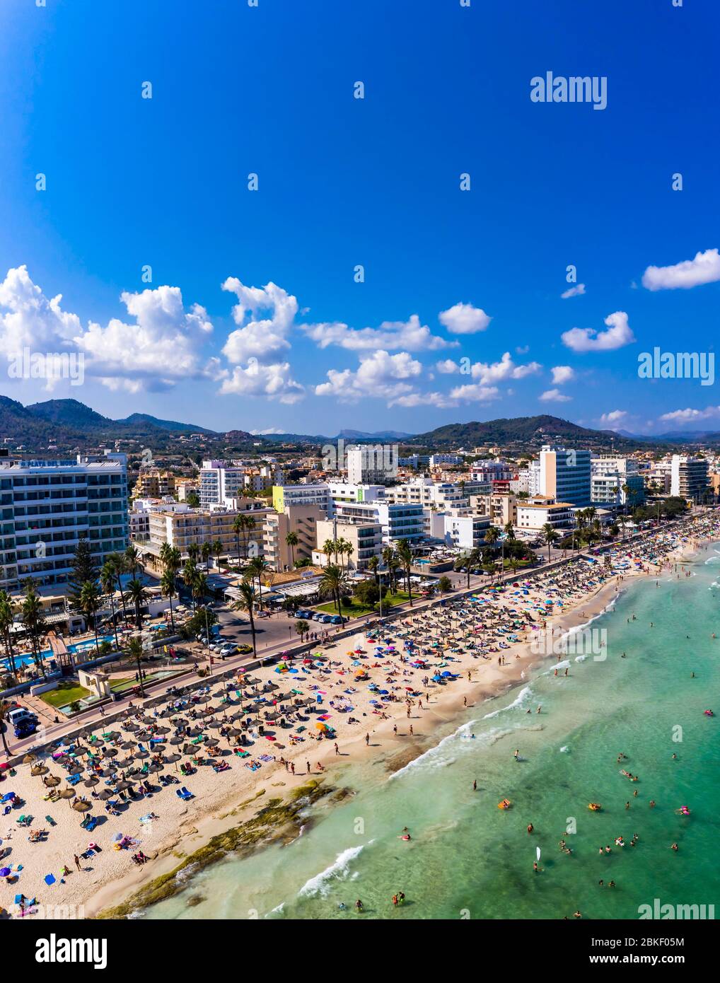 Aerial view over the bay of Cala Millor and Cala Bona, Manacor region ...