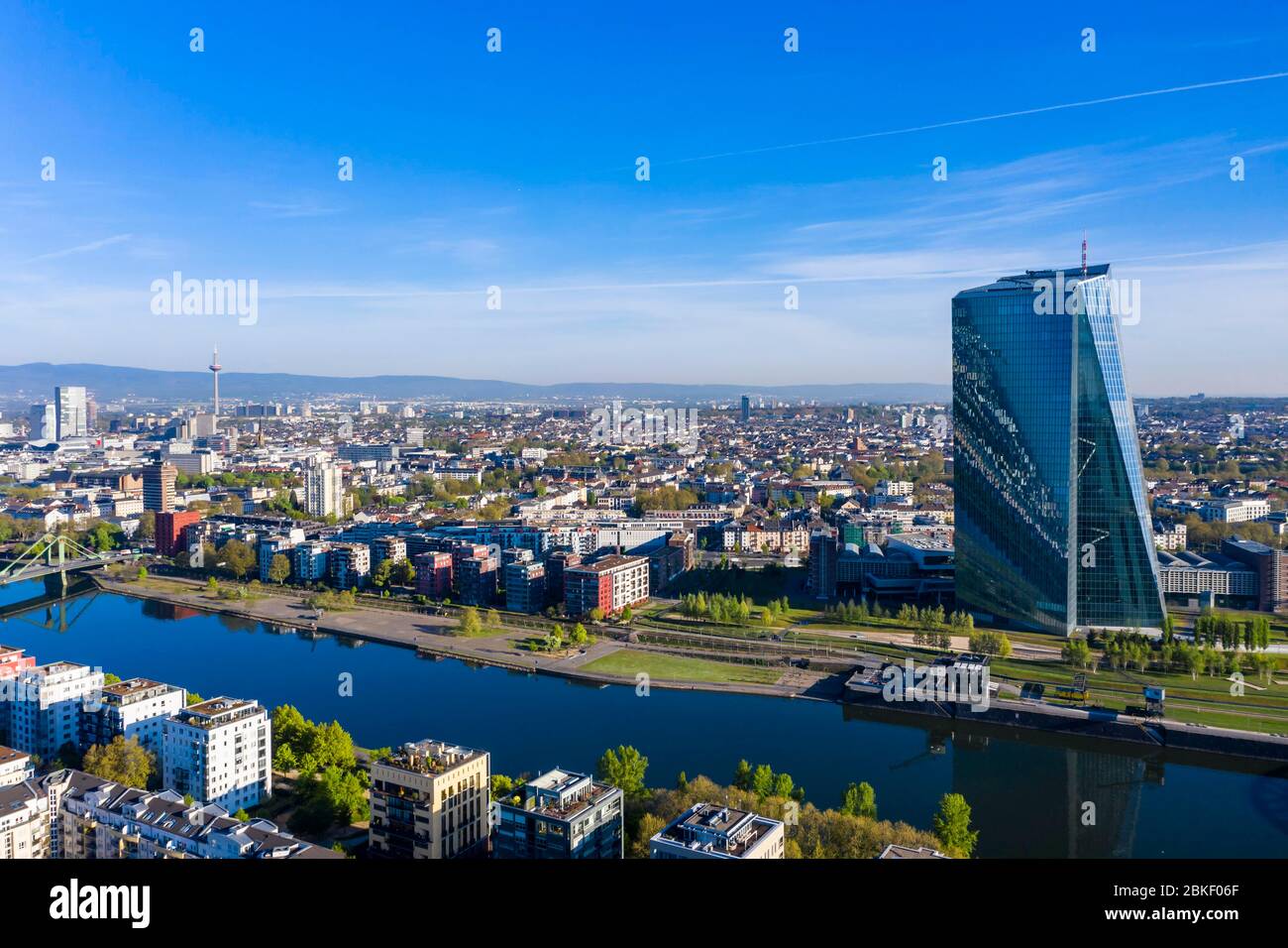 Aerial view, Frankfurt, skyline, with skyscrapers, ECB, river ...