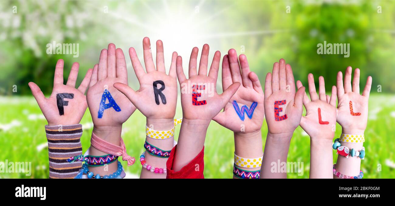Children Hands Building Word Farewell, Grass Meadow Stock Photo - Alamy