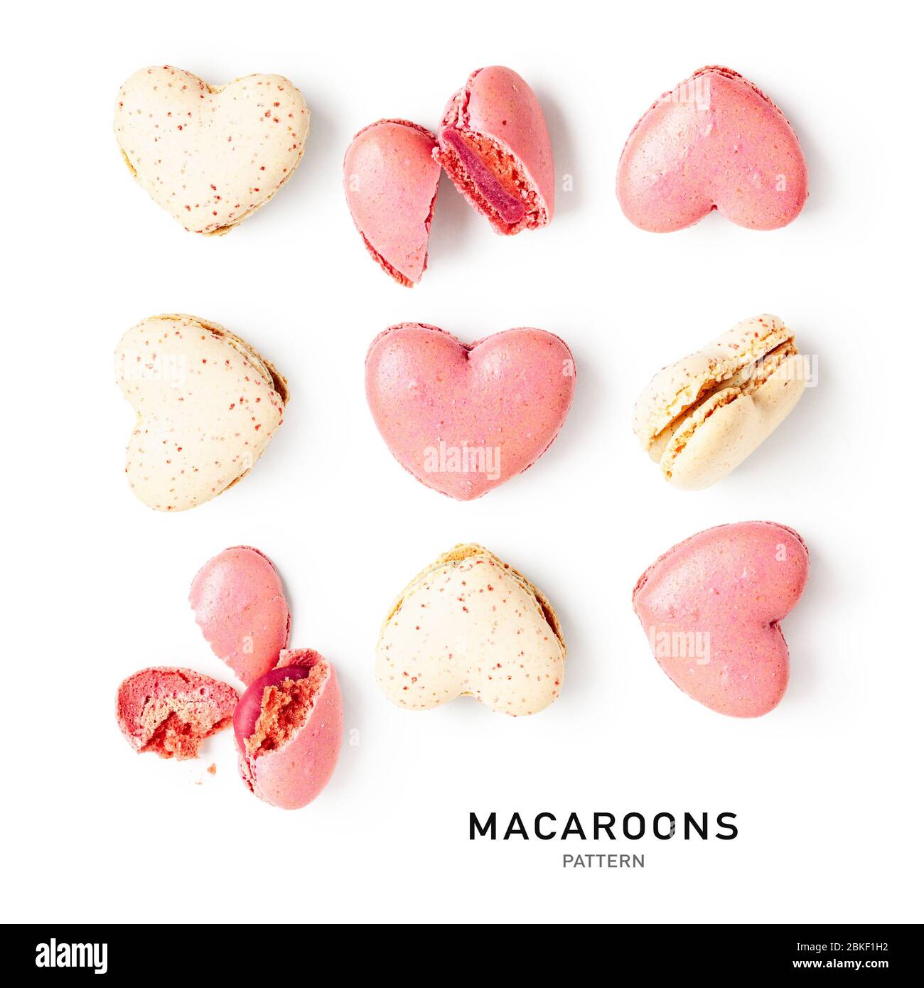 Macaroons heart shaped collection and creative layout isolated on white ...