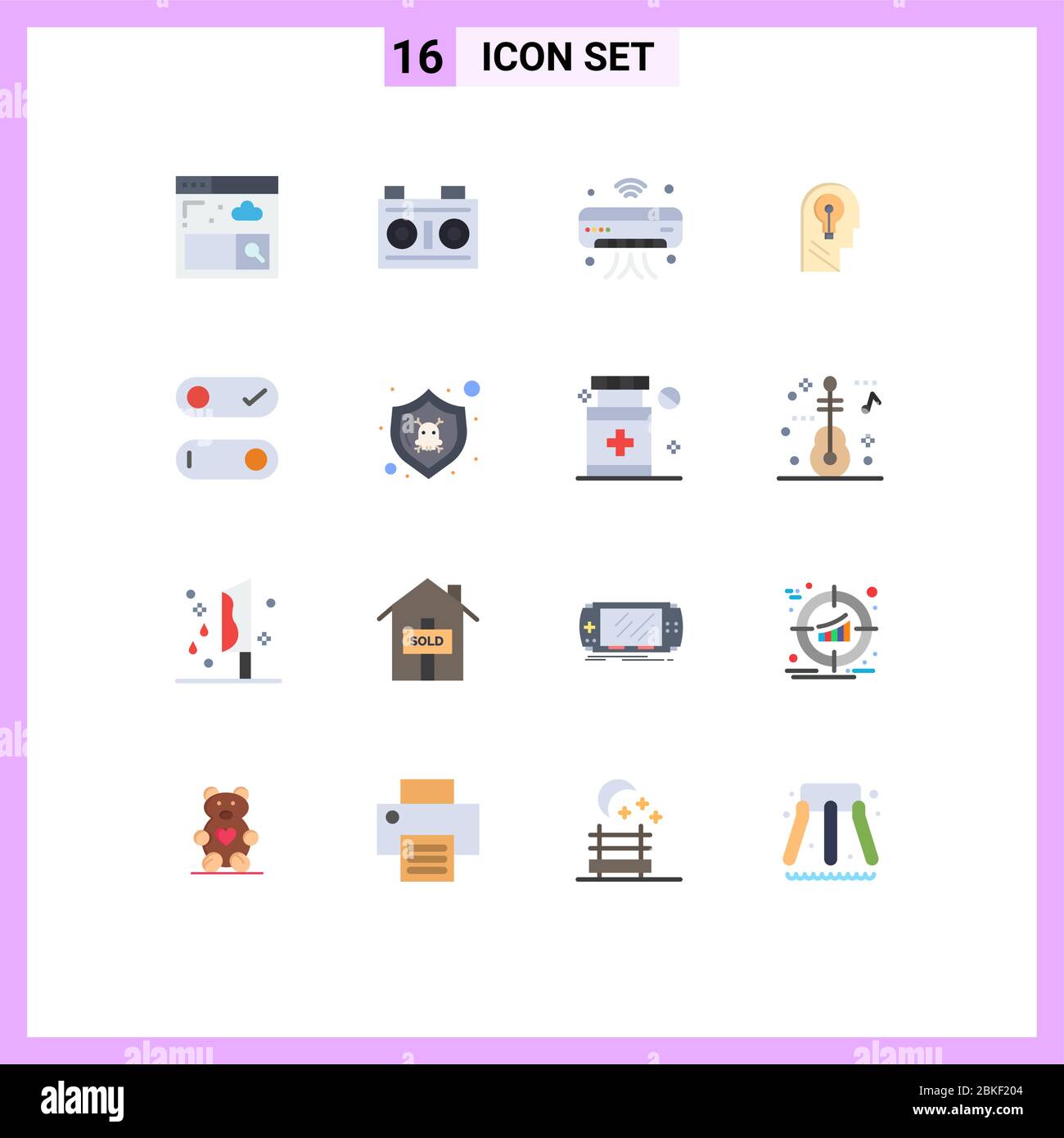 Flat Color Pack of 16 Universal Symbols of control, mind, internet ...