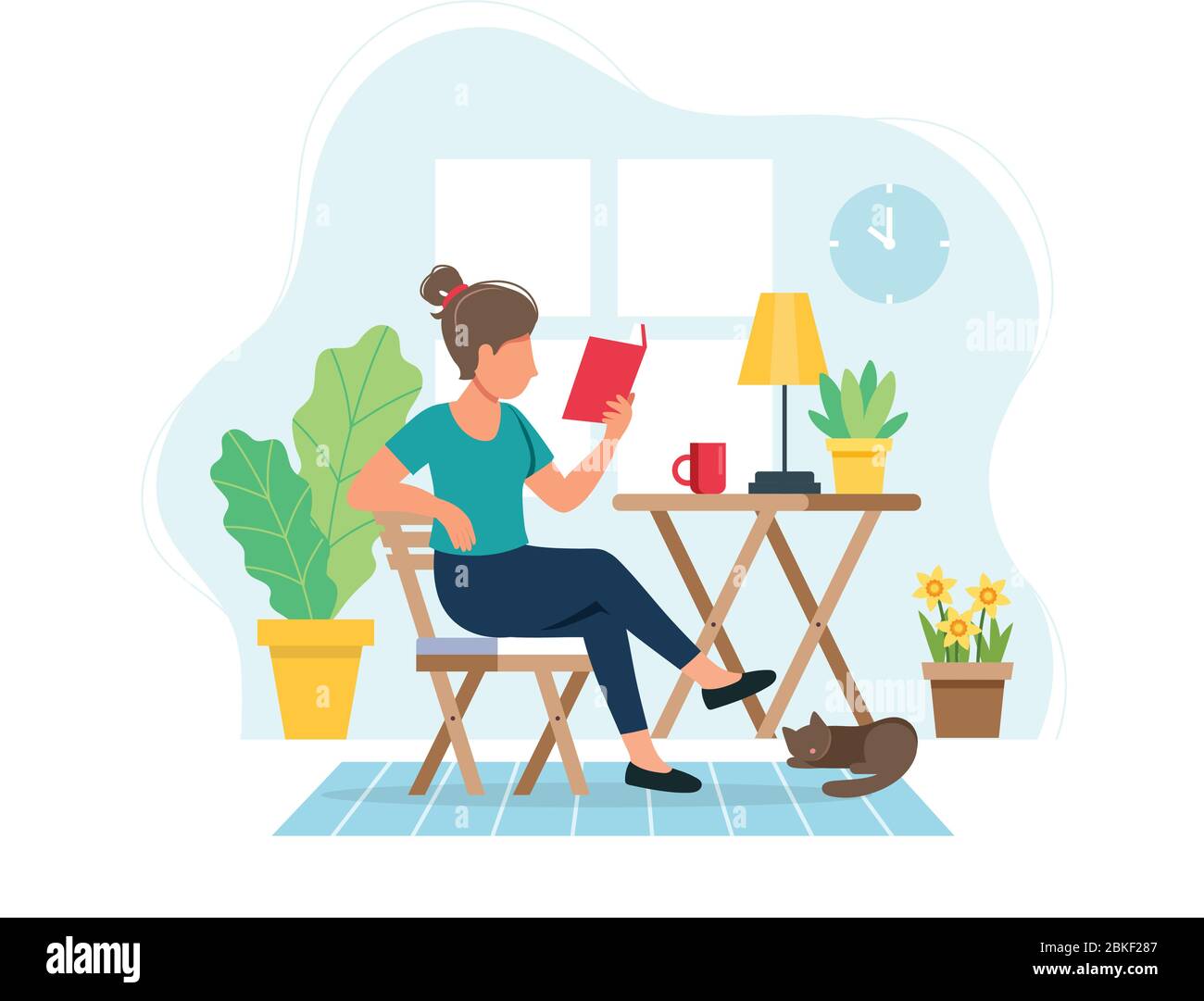 Stay home concept. Woman reading a book in cozy modern interior. Vector ...