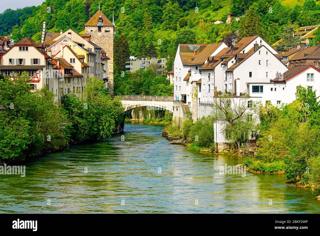The Black Tower and Aare river in the historic town of Brugg ...