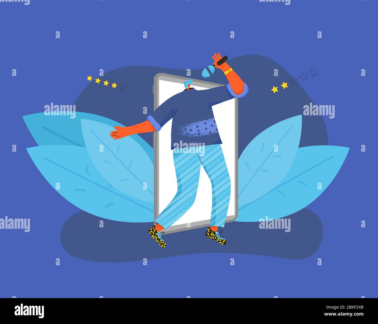 Music performance. Solo rock musician singing with huge phone. Bloggers ...