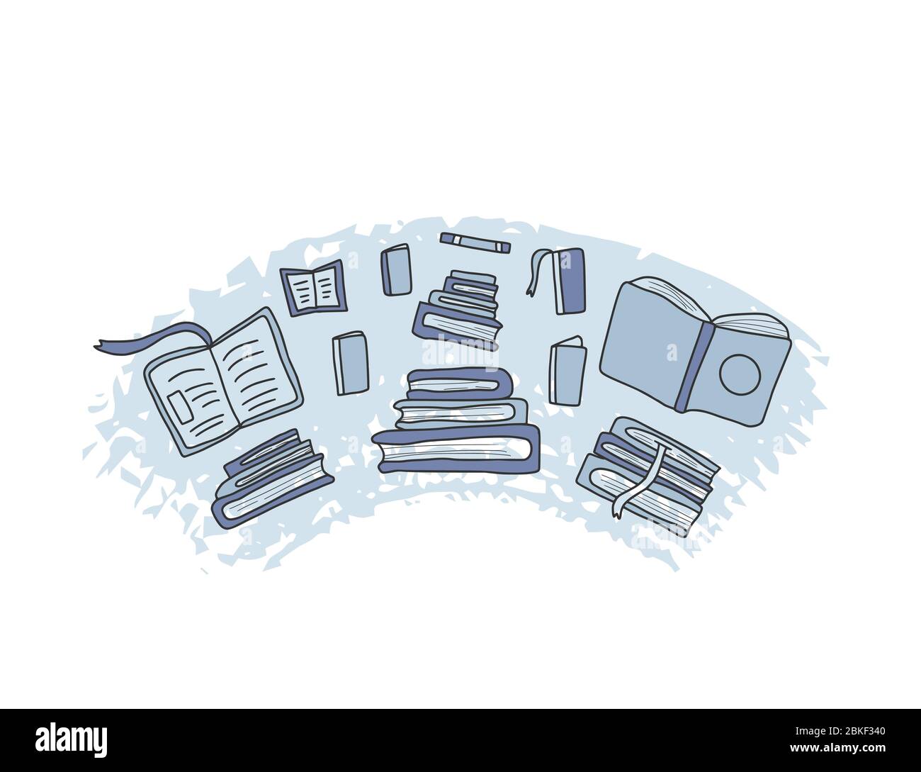 Book set in doodle style. Badge with symbols of reading. Book club ...