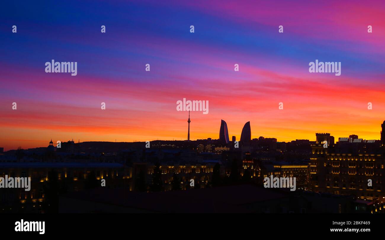 Azerbaijan, Baku. Night view of Baku and Flame Towers Stock Photo - Alamy