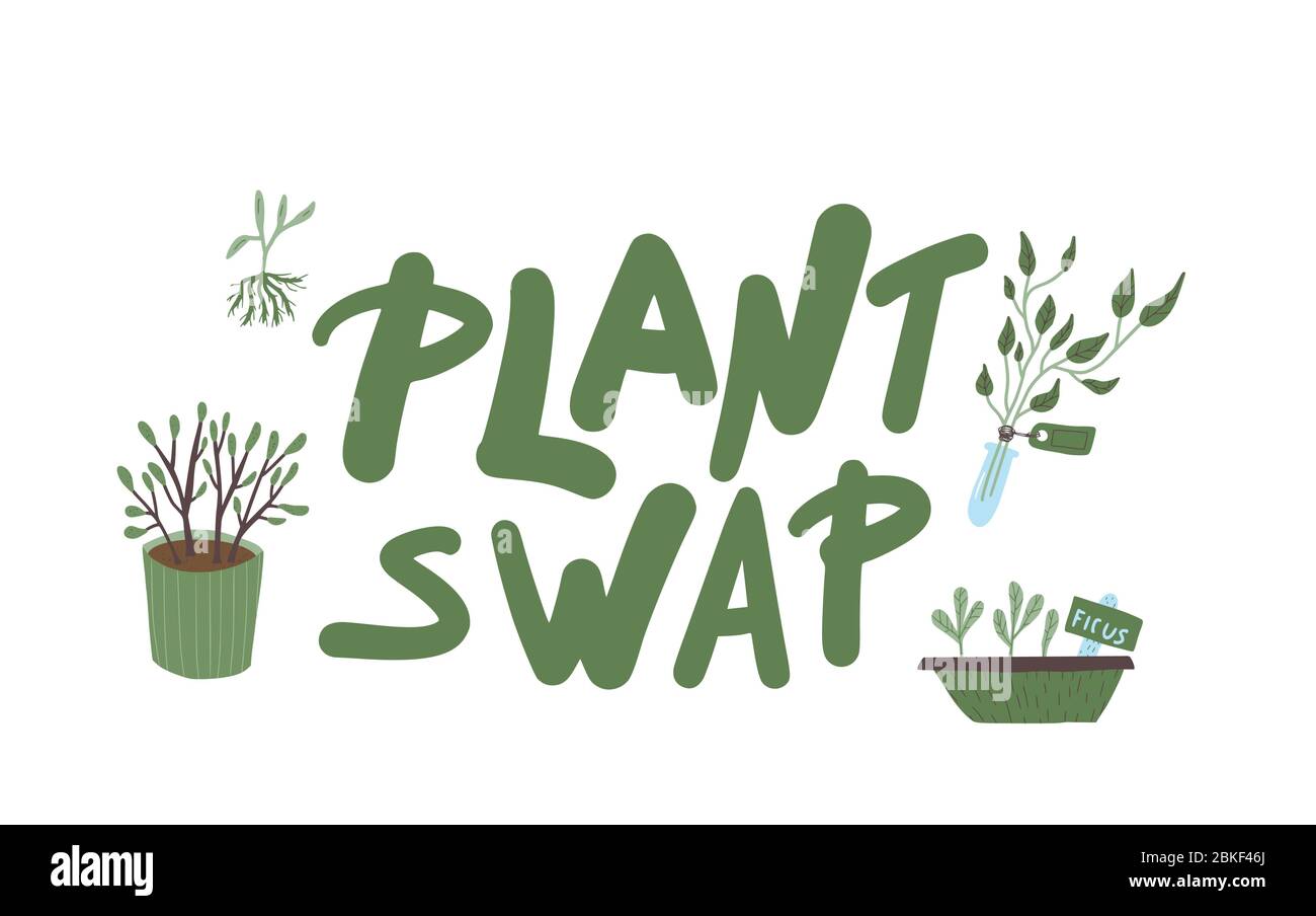 Plant swap emblem. Share indoor plants event. Vector flat illustration ...