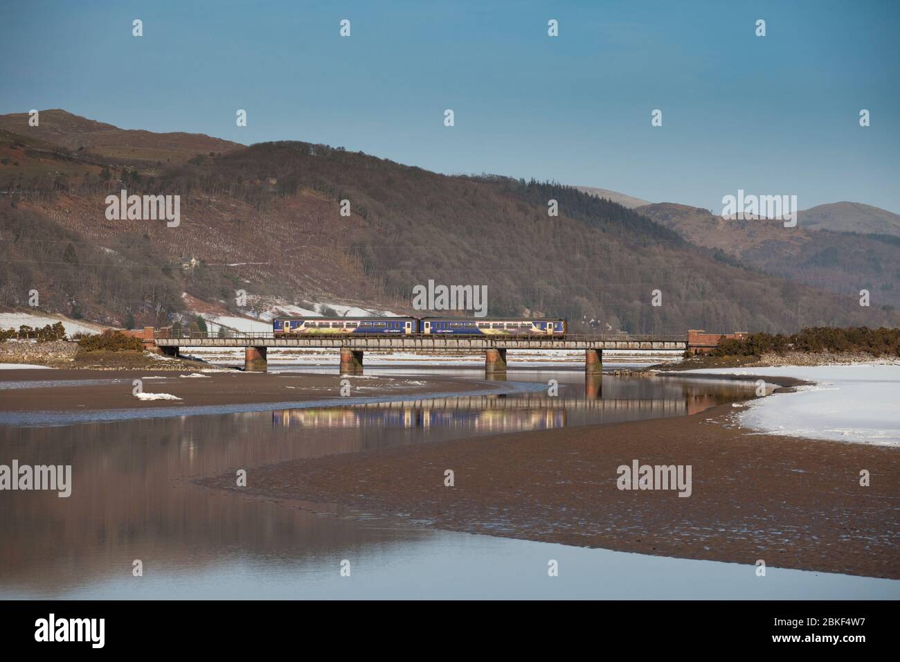 Northern rail class 156 sprinter train crossing Duddon Viaduct, Foxfeld ...