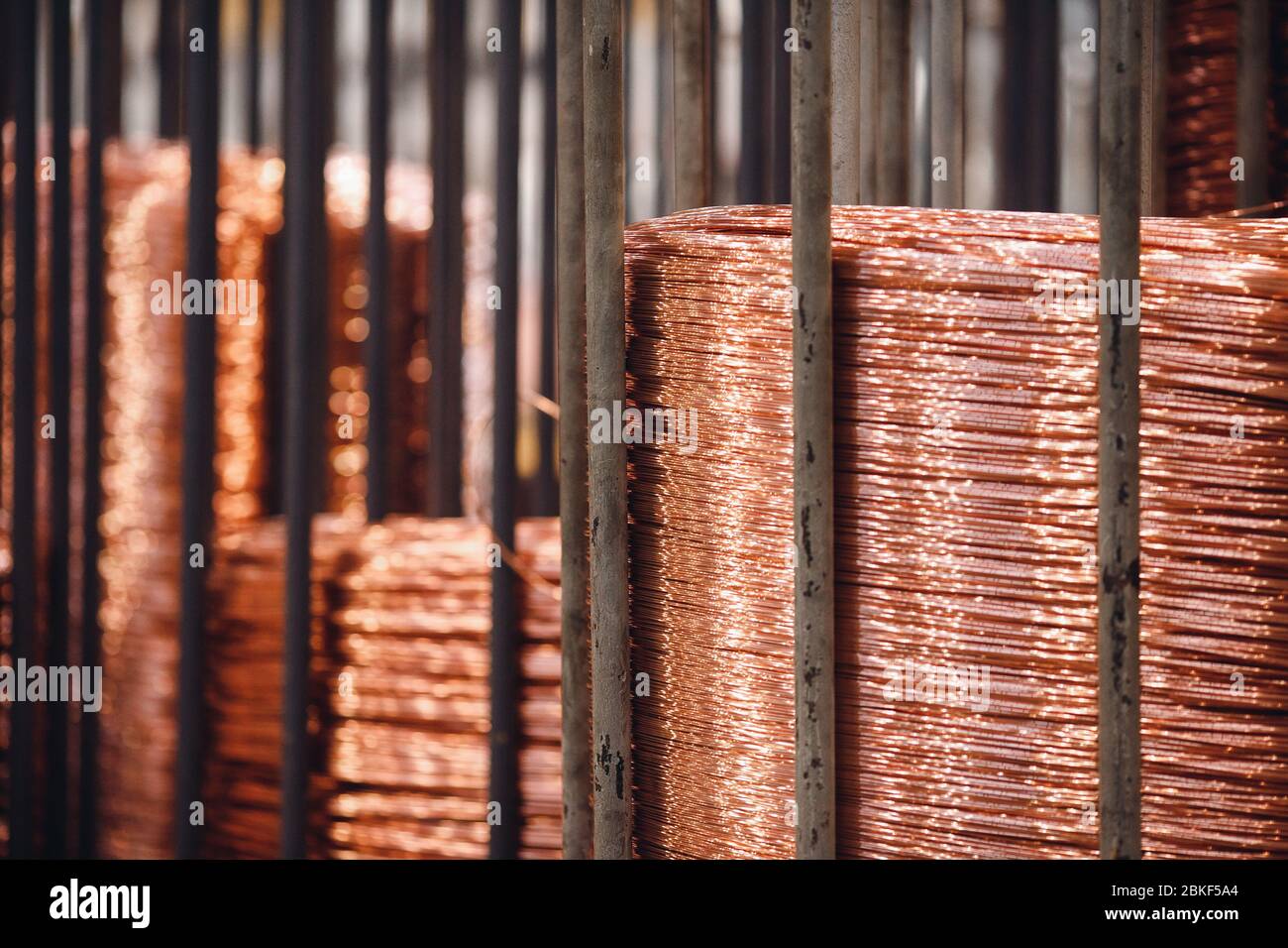 Production of copper wire, bronze cable in reels at factory Stock Photo ...