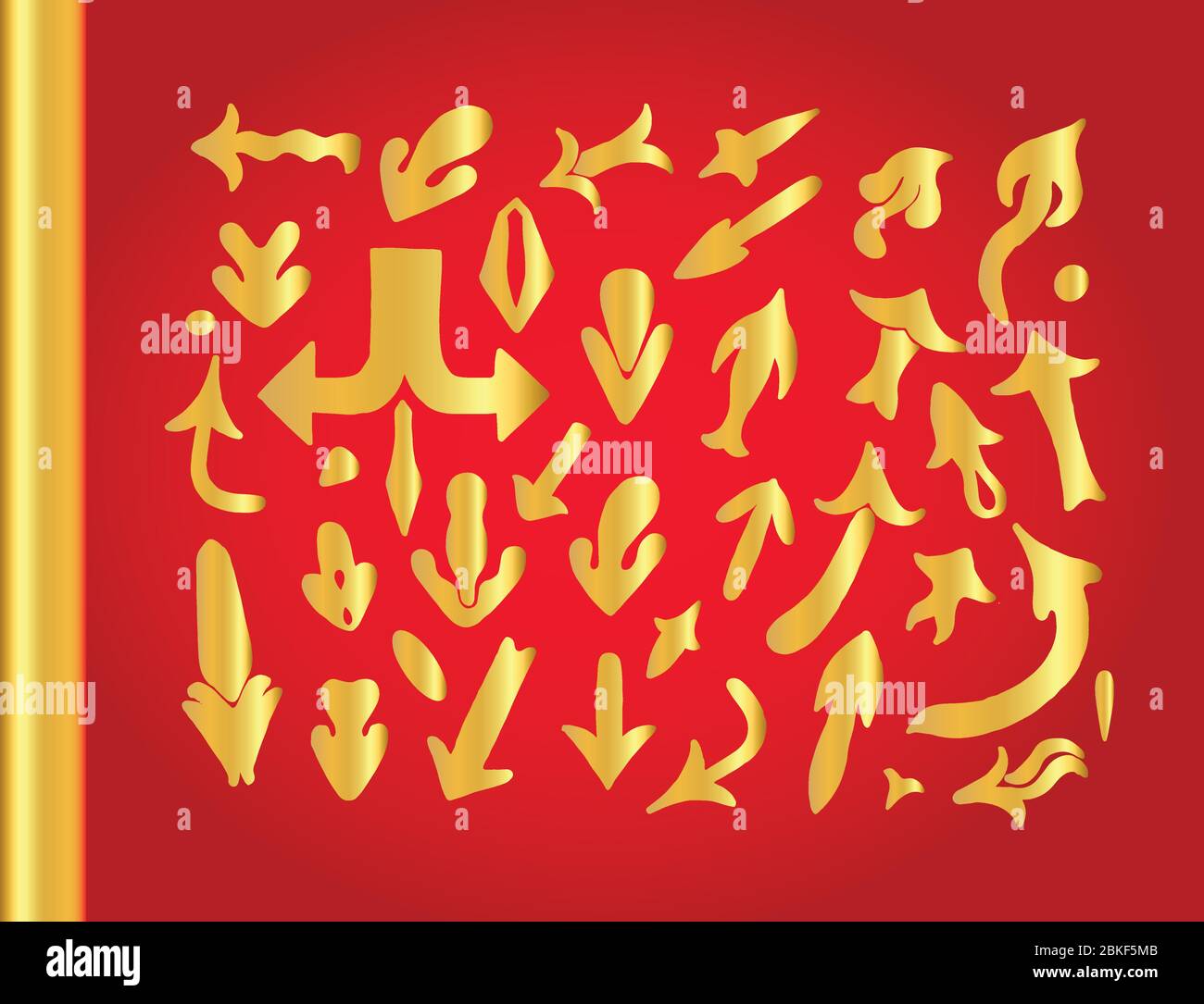 Metal gold arrow symbol. Glossy shapes with reflection on red ...