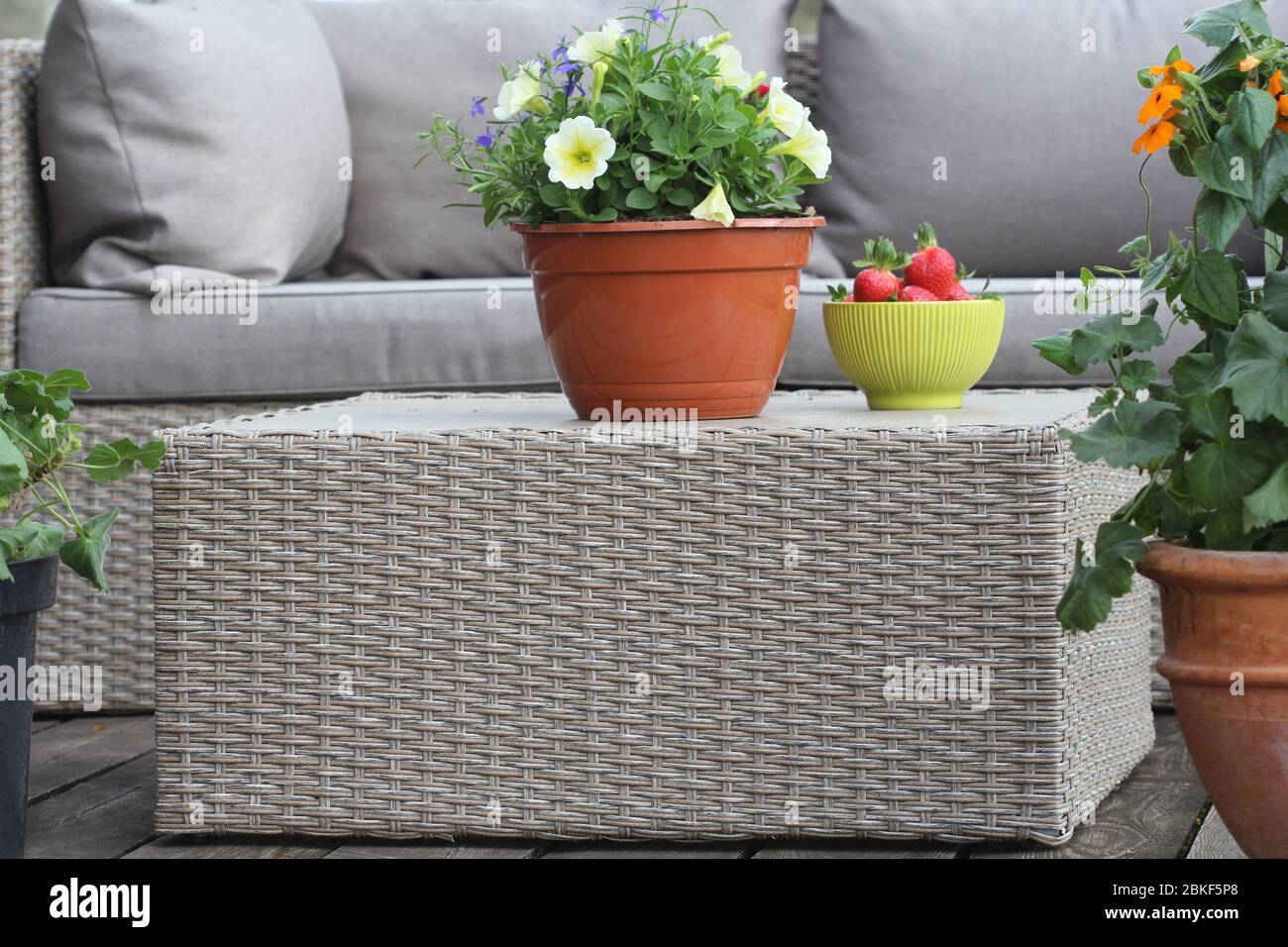 Outdoor furniture lounge group with chairs, sofa and table in a patio ...