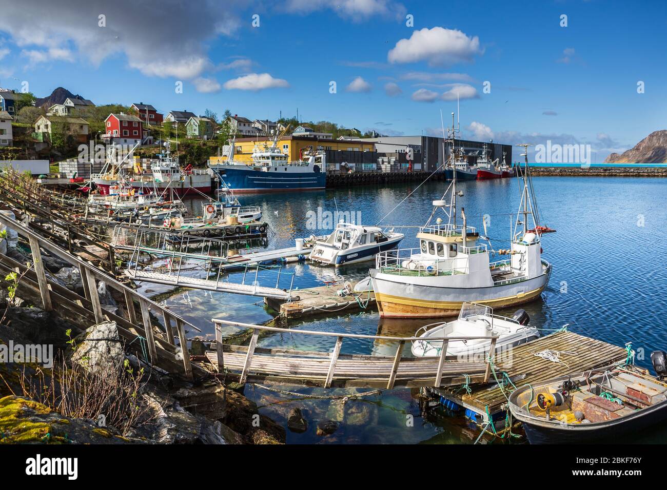 The port of Husoy village on Senja Island beyond the Polar Circle in ...