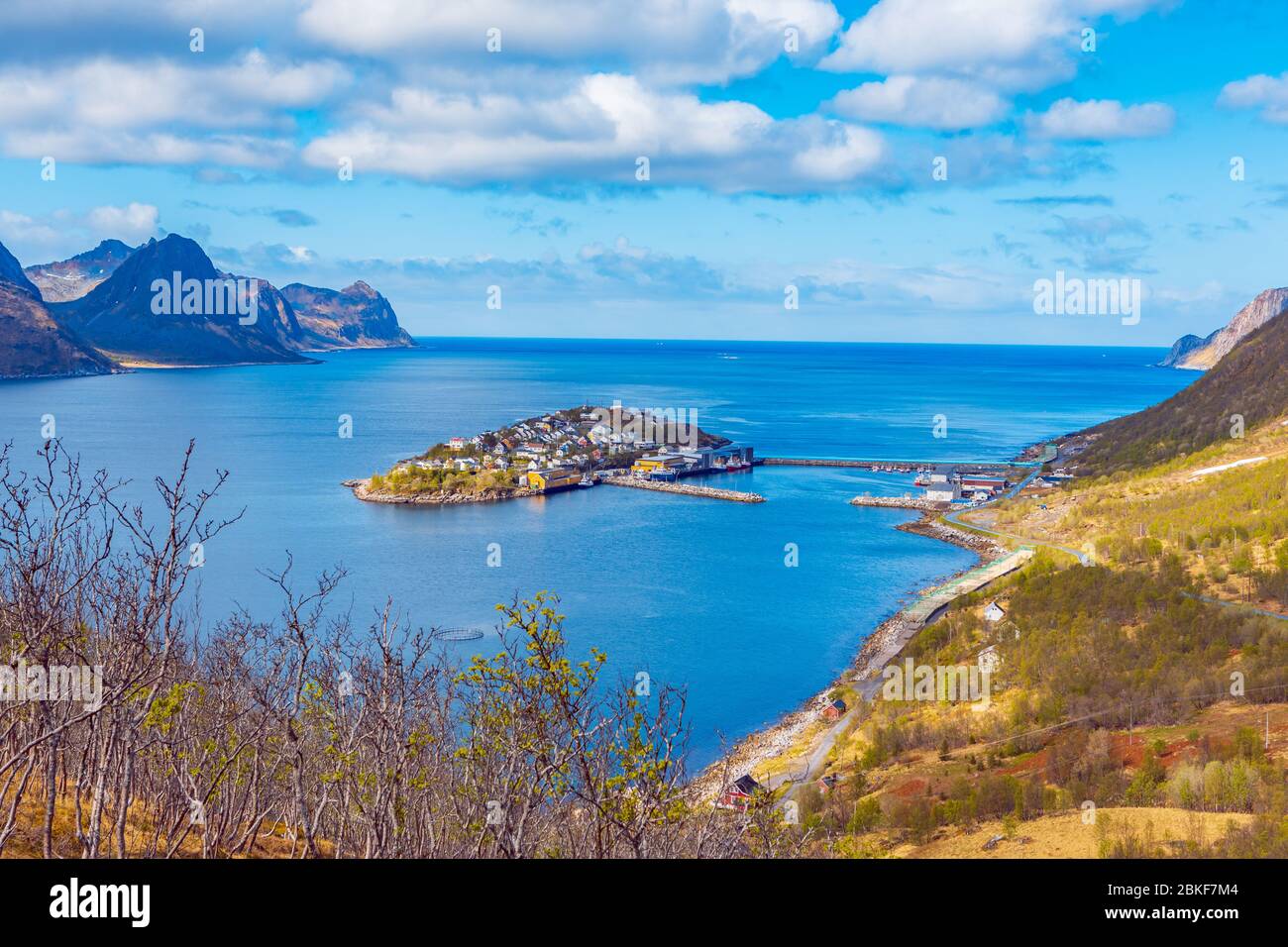 The landscape view of Senja Island with Husoy village in Norway Stock ...