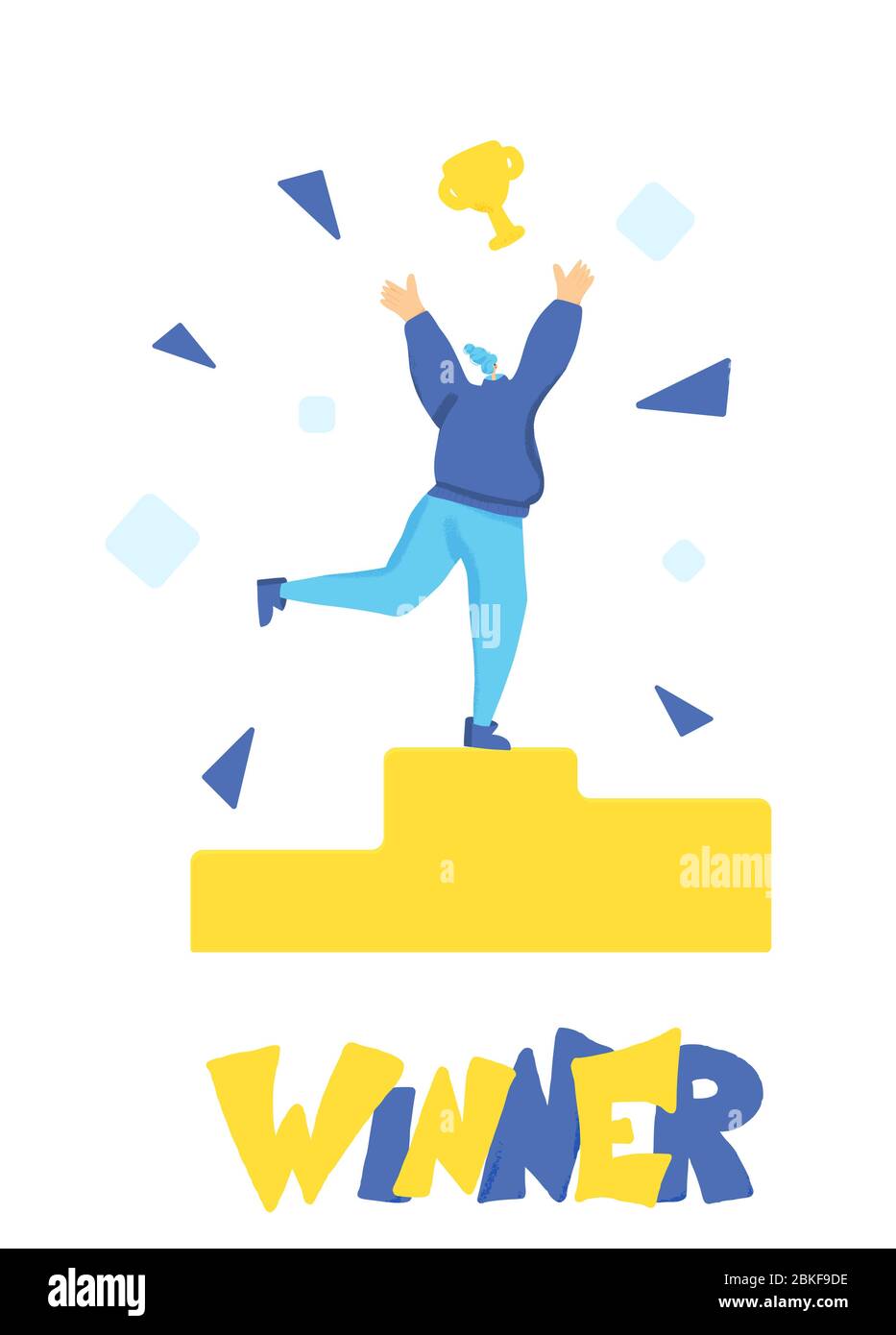 Winner. Young woman standing on the podium with cup. Excited girl ...