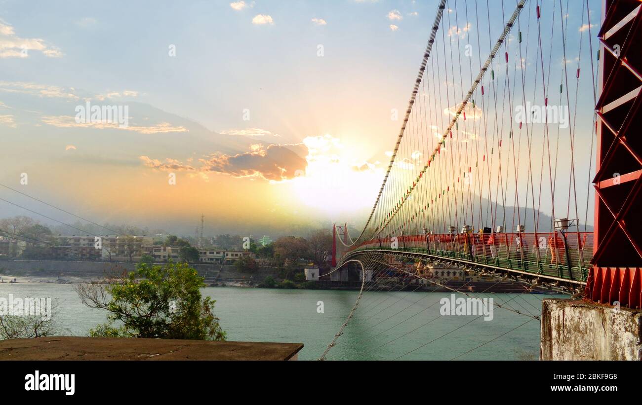Beautiful Lakshman Jhula Bridge and Ganga river in the spiritual town ...