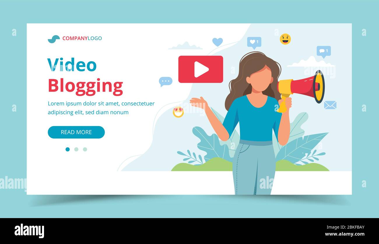 Female video blogger making announcement with megaphone. Landing page ...