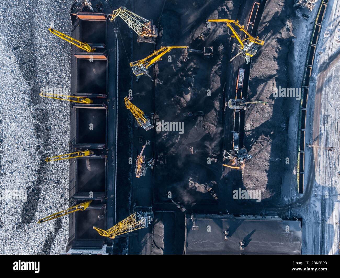 Industrial photo, Loading coal mining in port ship with crane. Aerial ...