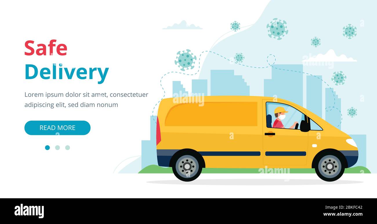 Safe delivery concept, delivery truck concept, male courier wearing ...