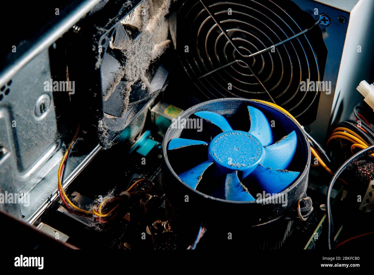 Dust on computer pc processor cooler with mainboard. concept Component ...