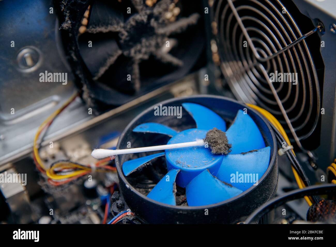 Dust on computer pc processor cooler with mainboard. concept Component ...