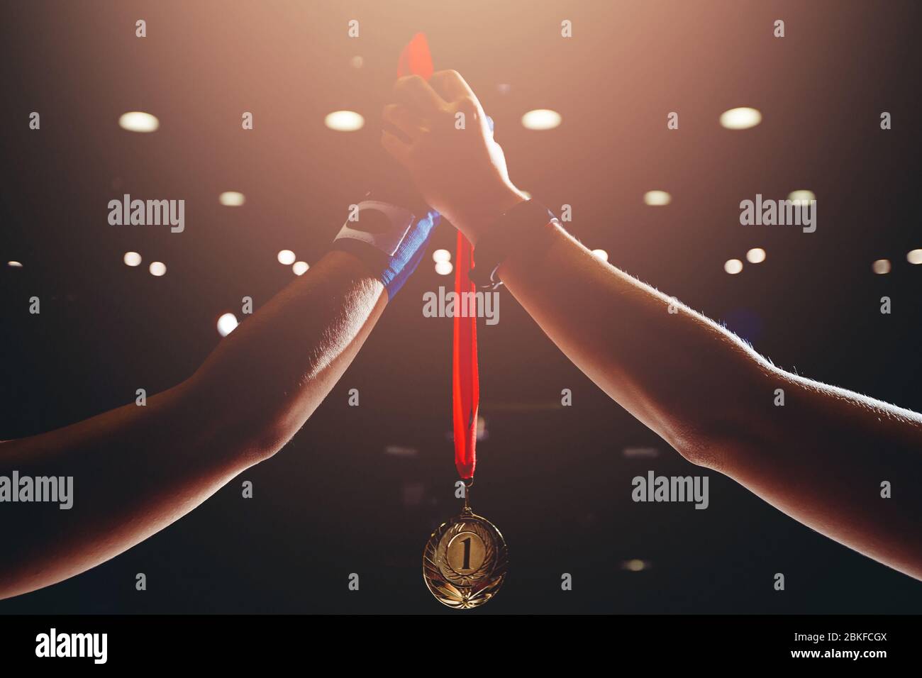 Winner Training Boxing young women in ring mma octagon cage Stock Photo ...