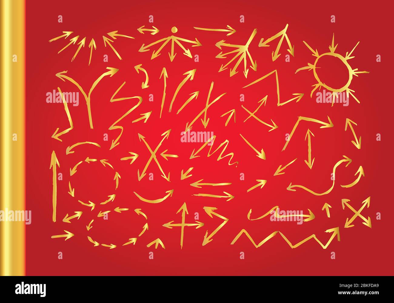 Metal gold arrow symbol. Glossy shapes with reflection on red ...