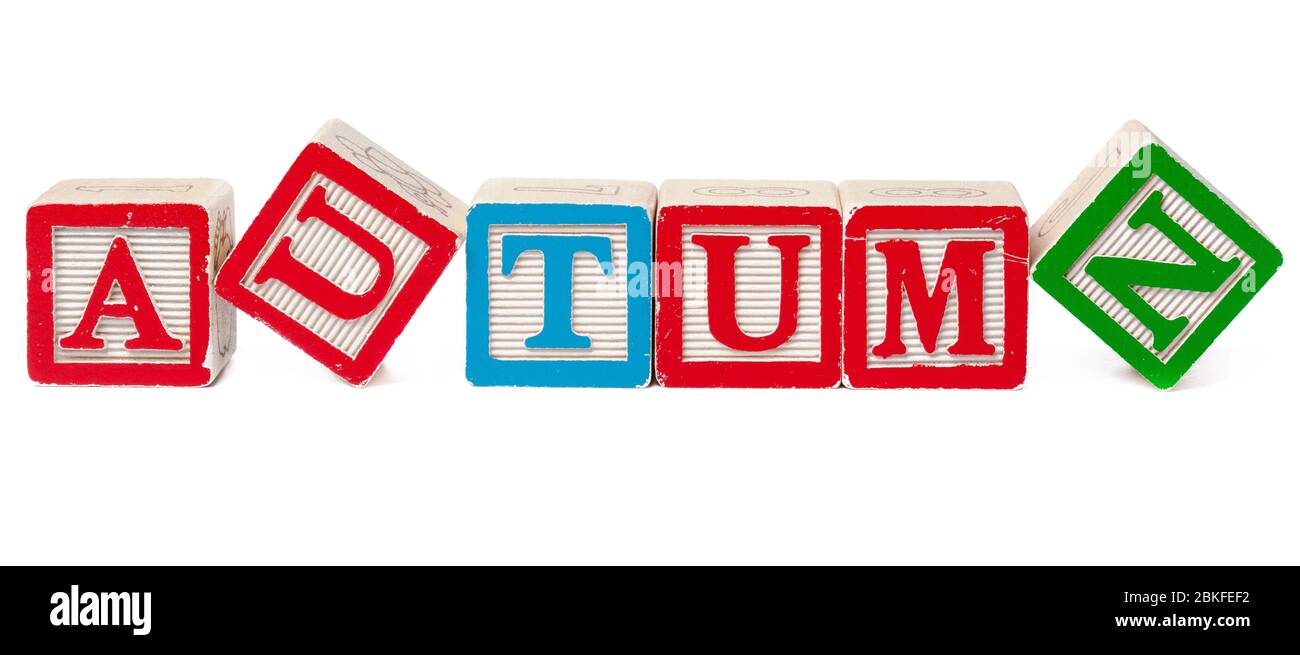 Colorful alphabet blocks. Word autumn isolated on white background ...