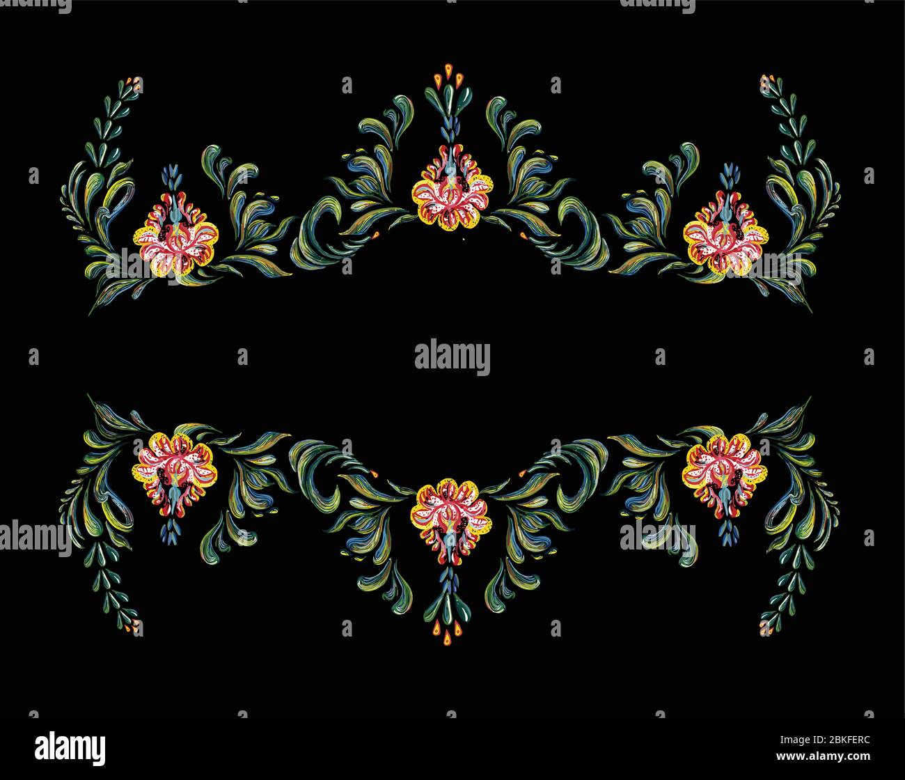 Illustration in folk style. Beautiful border with flowers in vintage ...