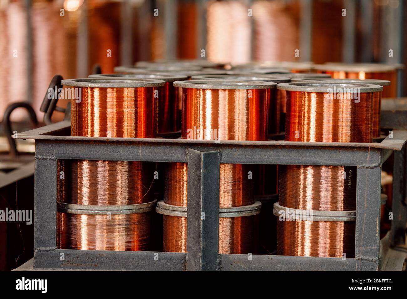 Production of copper wire, bronze cable in reels at factory Stock Photo ...