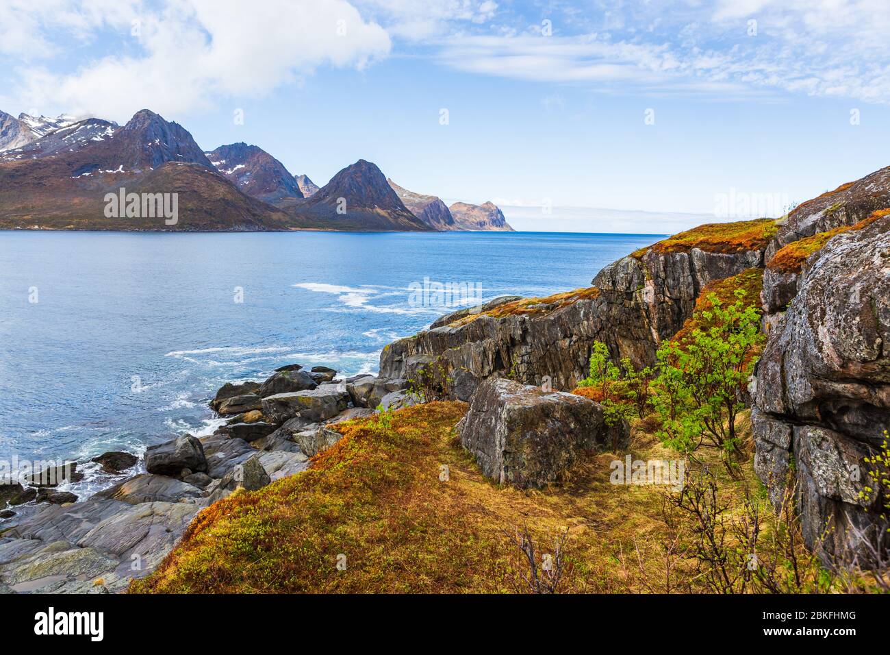 The landscape view of Senja Island from Husoy village in Norway Stock ...
