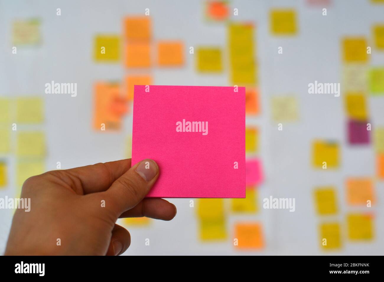 A hand is holding a pink empty sticker and there is a Kanban board of ...