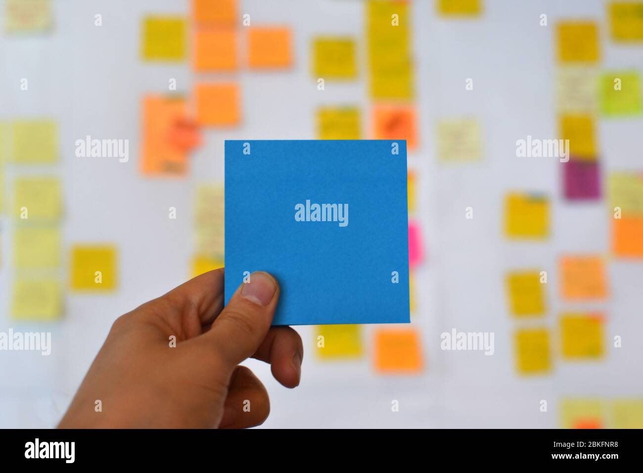 A hand is holding a blue empty sticker and there is a Kanban board of ...