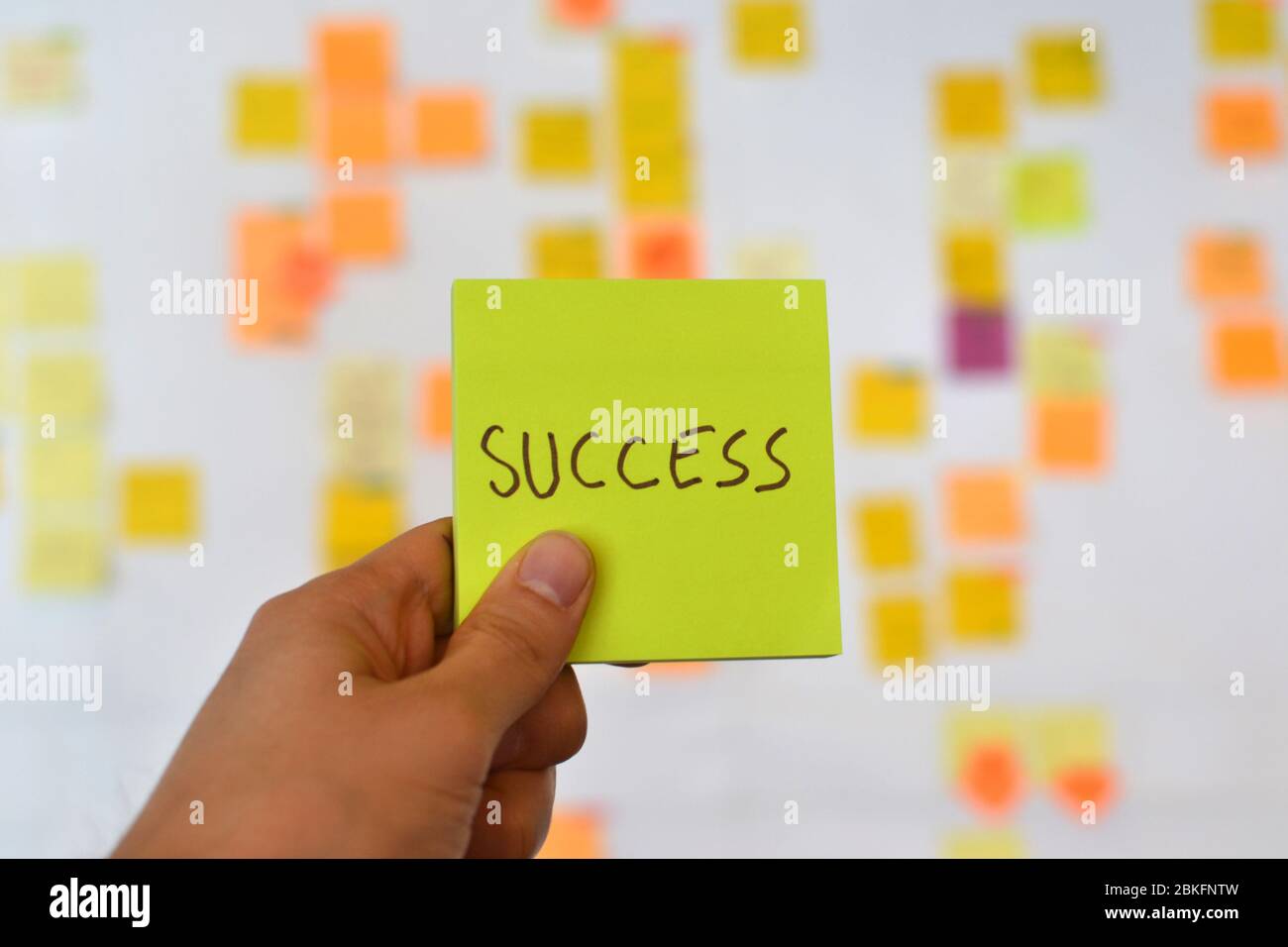 A hand is holding a yellow success sticker and there is a Kanban board ...