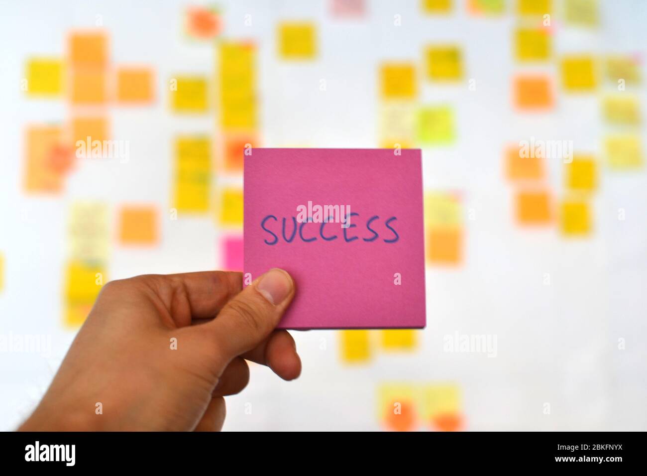 A hand is holding a pink success sticker and there is a Kanban board of ...