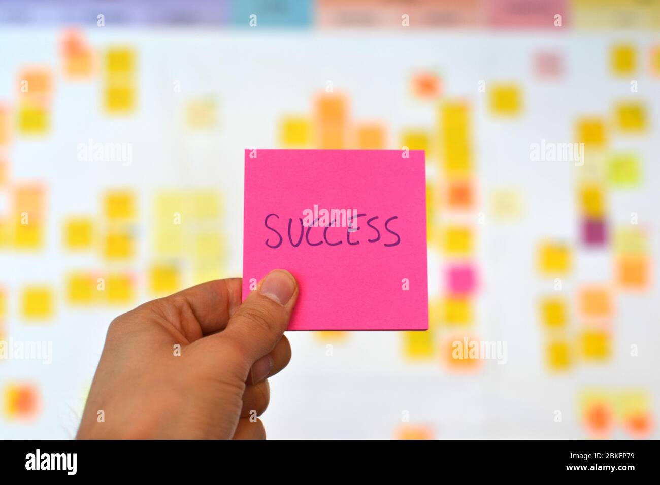 A hand is holding a pink success sticker and there is a Kanban board of ...