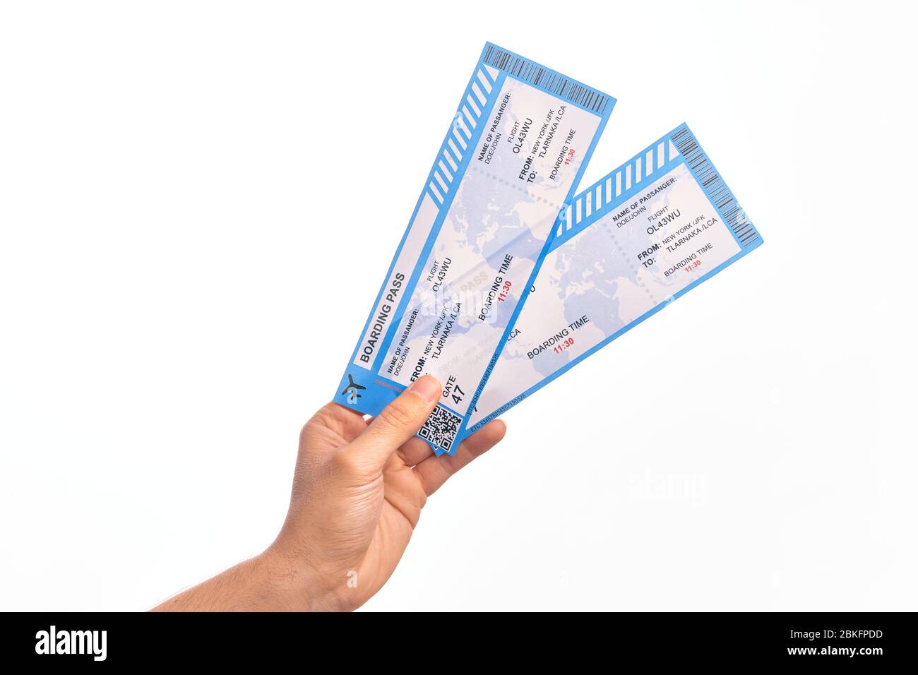 Hand of caucasian young tourist man holding airplane boarding pass over ...