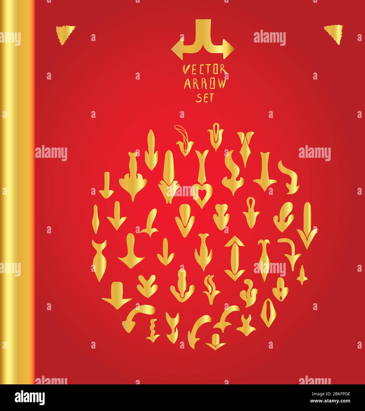 Metal gold arrow symbol. Glossy shapes with reflection on red ...