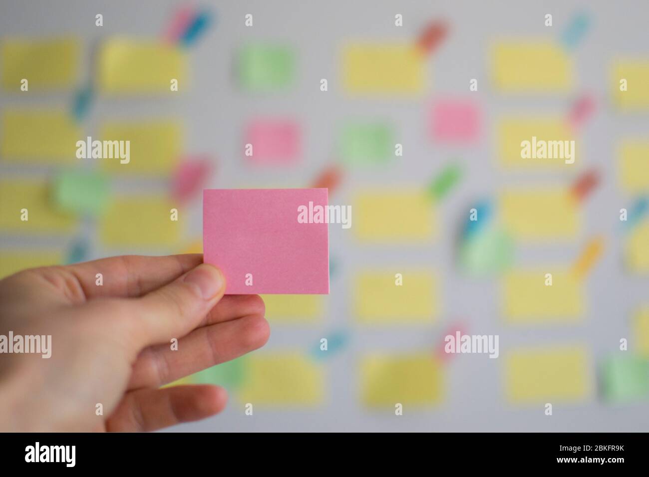 A hand holding strategy sticky note in front of a kanban board Stock ...