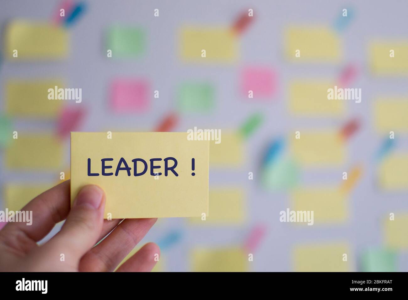 A hand holding strategy sticky note in front of a kanban board Stock ...