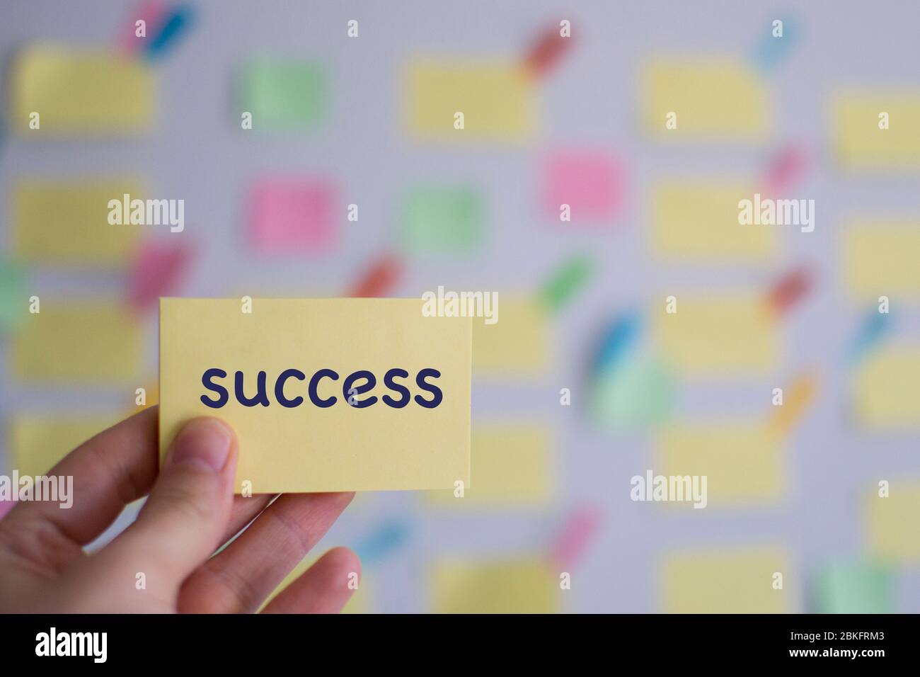 A hand holding strategy sticky note in front of a kanban board Stock ...