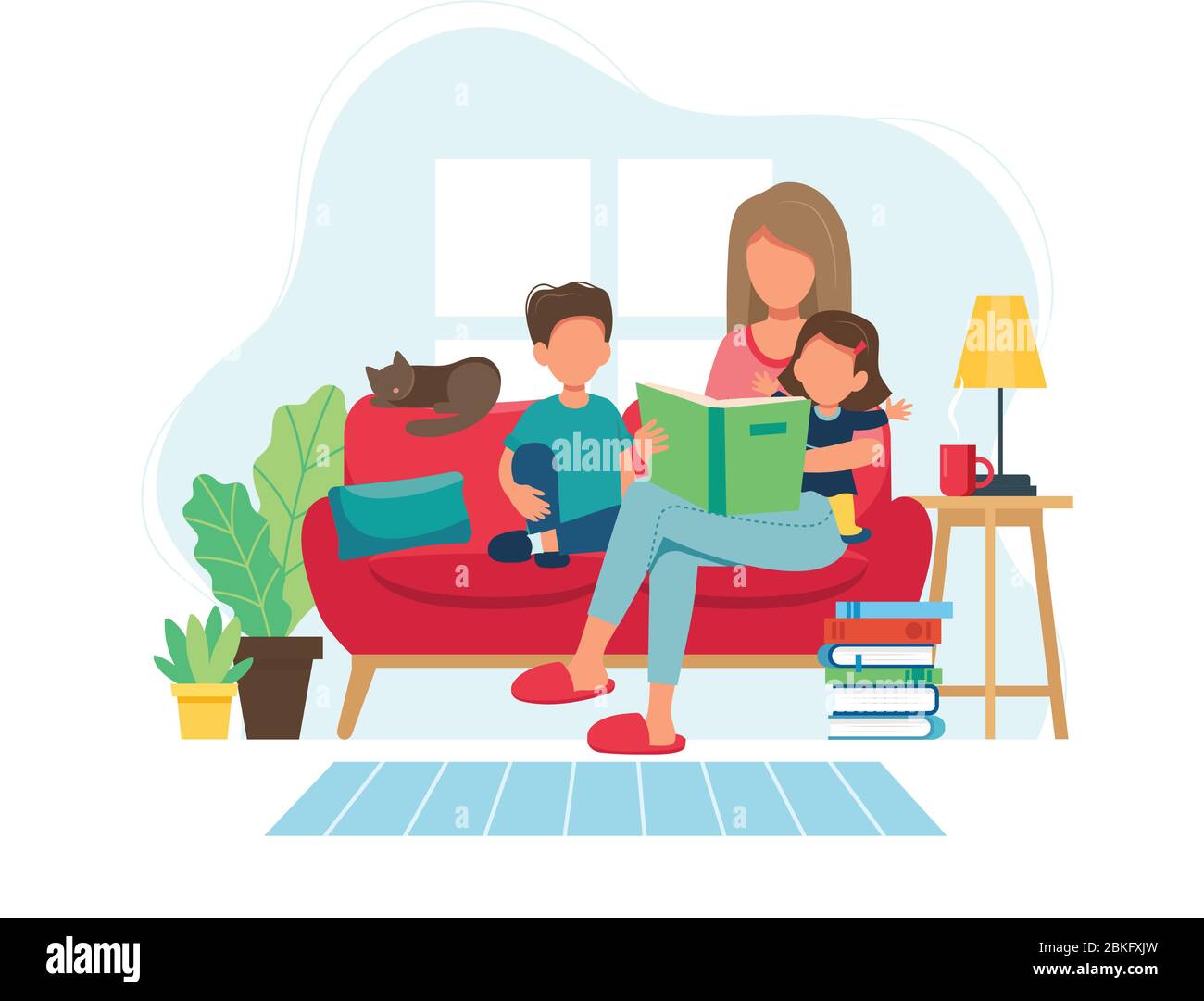 Stay home concept. Mother reading to kids in cozy modern interior ...