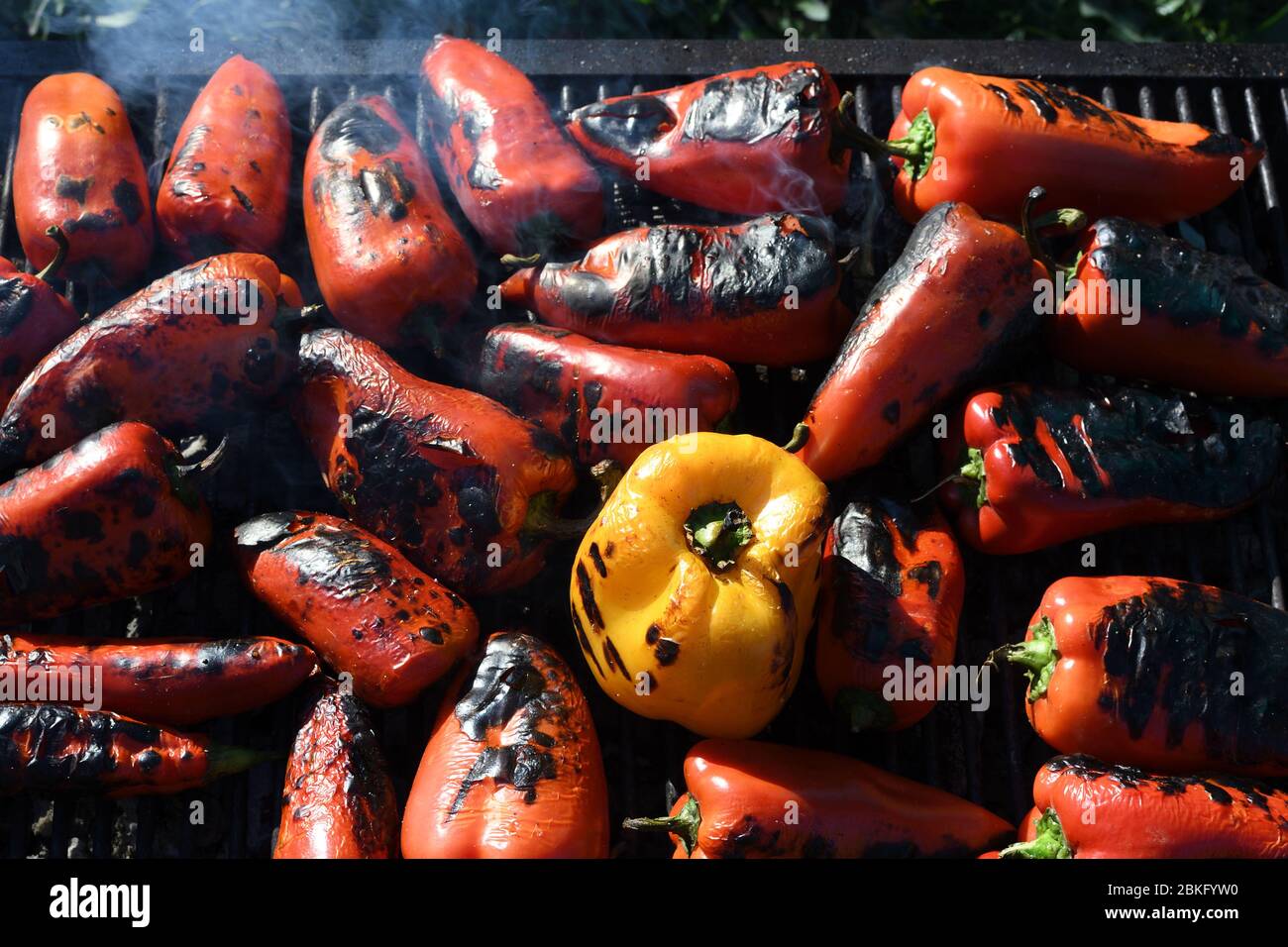 Red peppers grilling during outside outdoor BBQ or picnic. Man ...