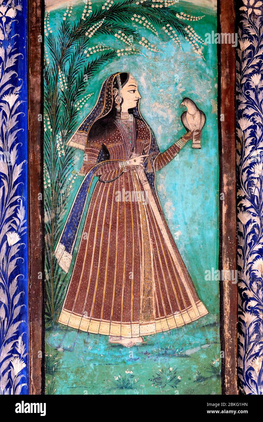 Girl with bird, The Chitrashala murals, Bundi Garh Palace, Bundi ...