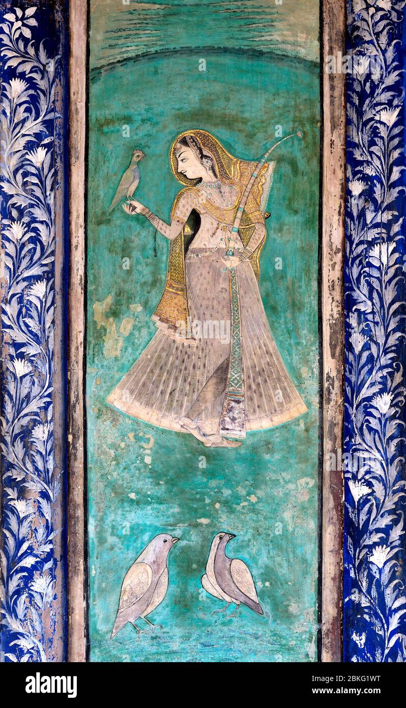 Girl with bird, The Chitrashala murals, Bundi Garh Palace, Bundi ...