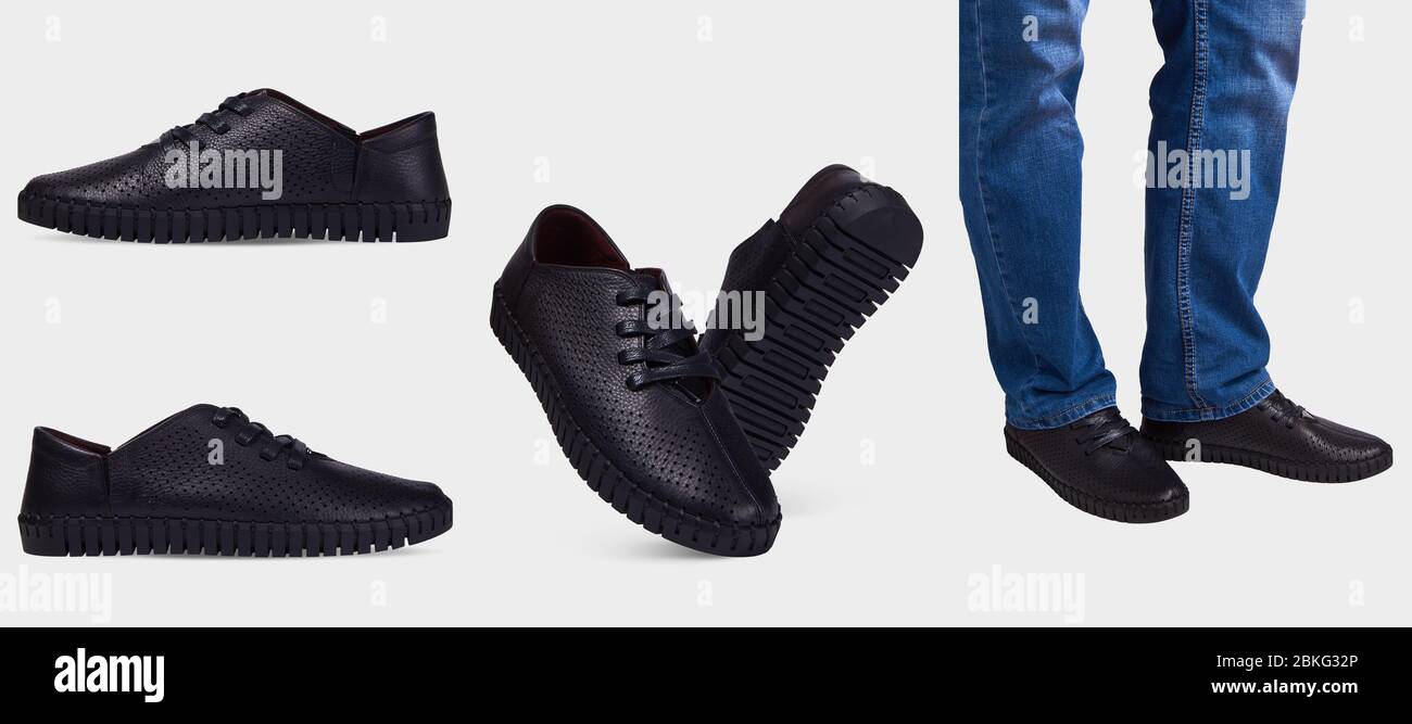 Men's leather summer shoes with perforation and elastic black sole ...
