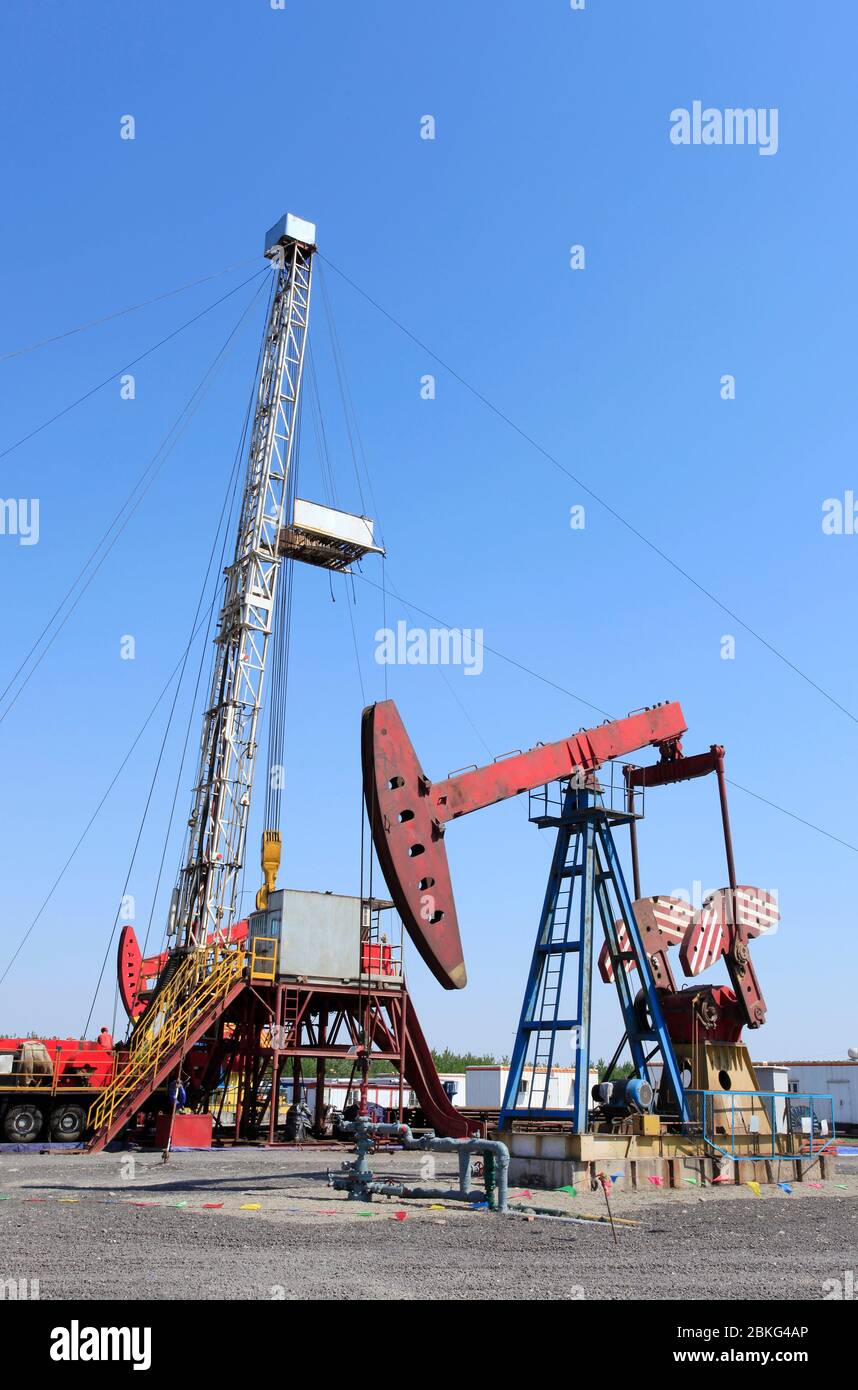 Oil field scene, beam pumping unit and tower type pumping unit in the ...