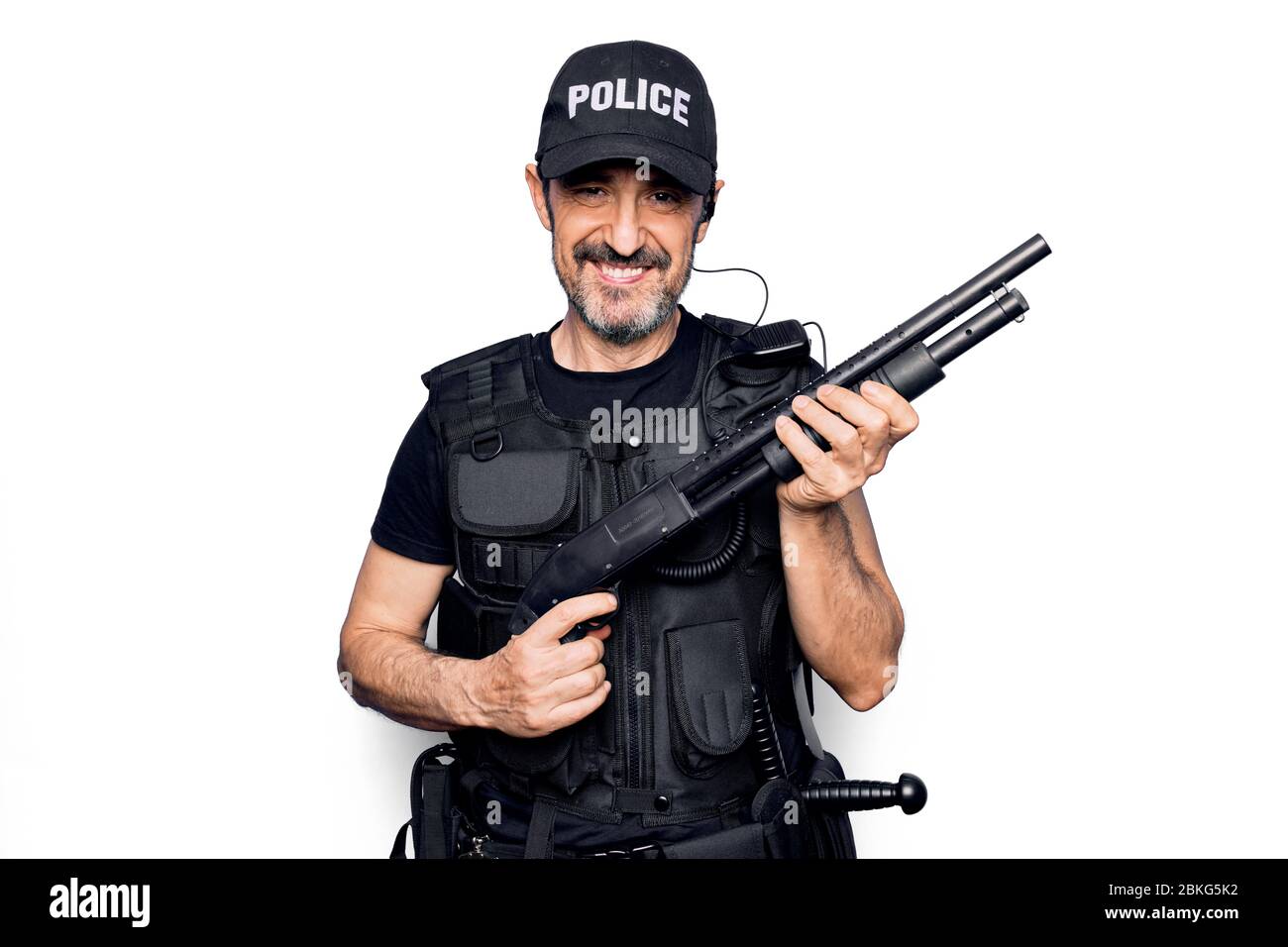 Middle age handsome policeman wearing police uniform and bulletproof ...