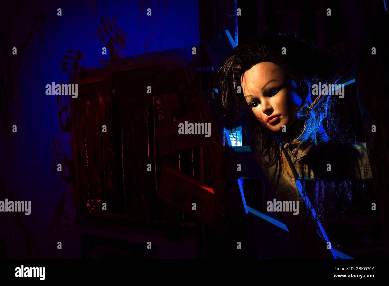 The bloody head of a doll or mannequin is tied with a rope to a fence ...