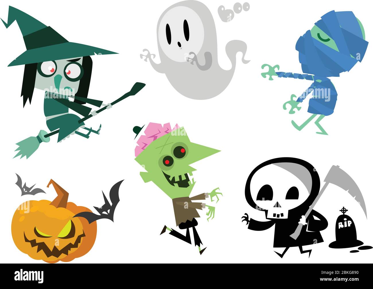 Cartoon Halloween characters set. Zombie, pumpkin head, mummy, bat ...