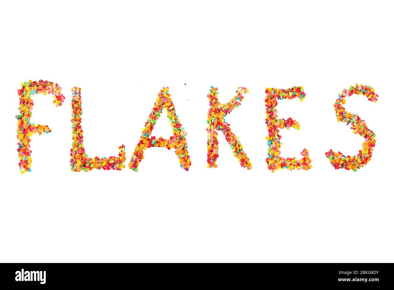 Colorful fruit cereal flakes lettering. The inscription Flakes done ...